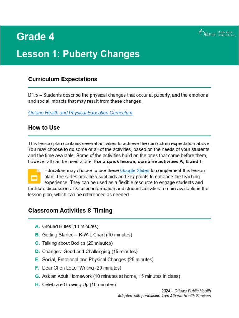 Grade 4 Puberty Changes Lesson Plan | PDF | Puberty | Adults