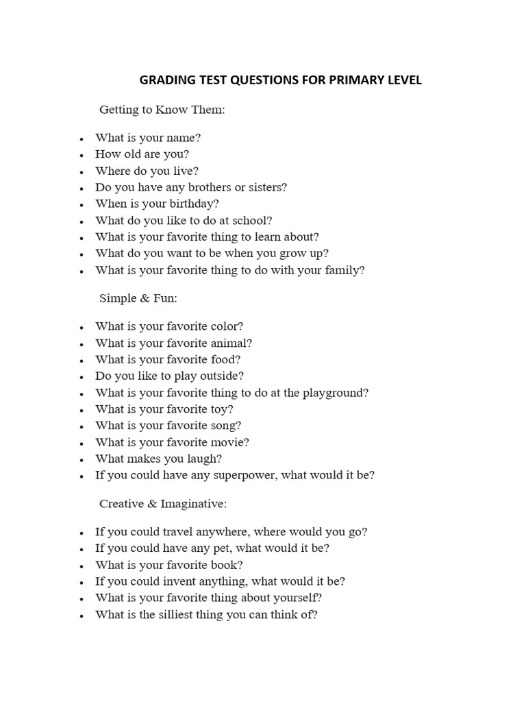 Primary Level Grading Test Questions | PDF