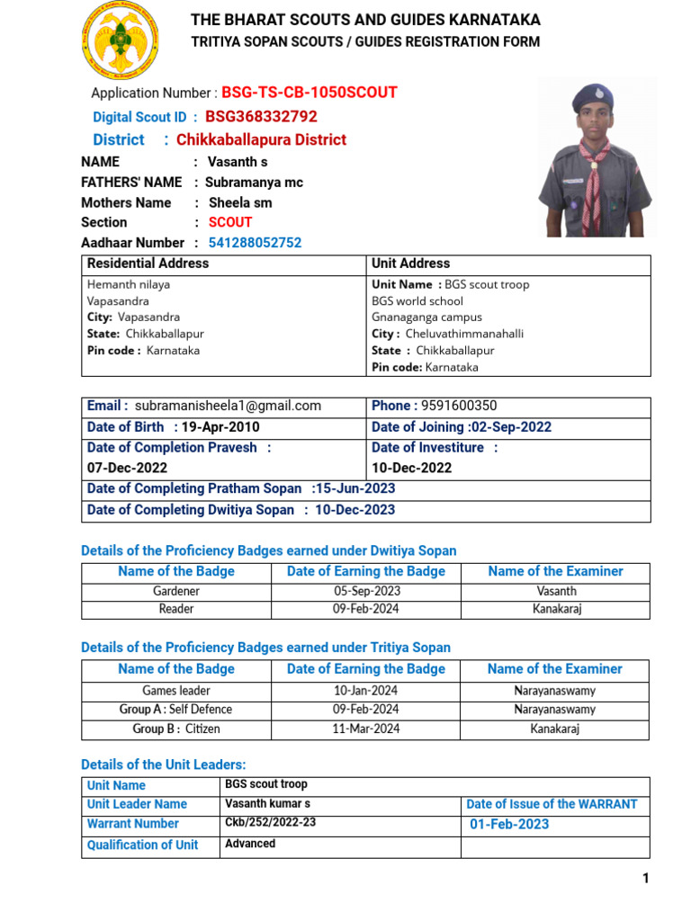 TS - Chikkaballapura - BSG-TS-CB-1050SCOUT - Vasanth S | PDF | Scouting | Girl Guiding And Girl ...