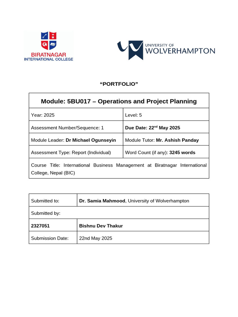 5BU017 - Operation and Project Planning Final Report (2327051) Bishnu ...