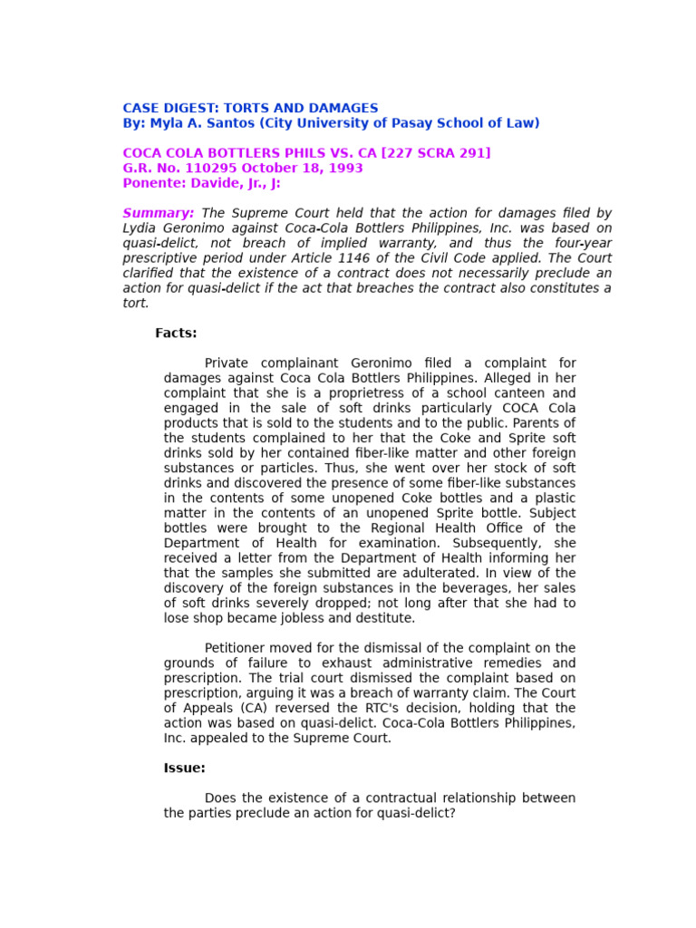 Quasi Delicts COCA COLA BOTTLERS PHILS VS. CA (227 SCRA 291) | PDF ...