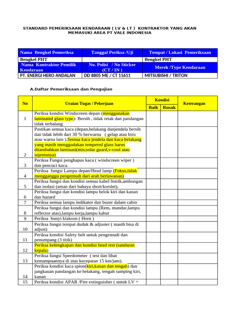 Standard Pemeriksaan Kendaraan | PDF
