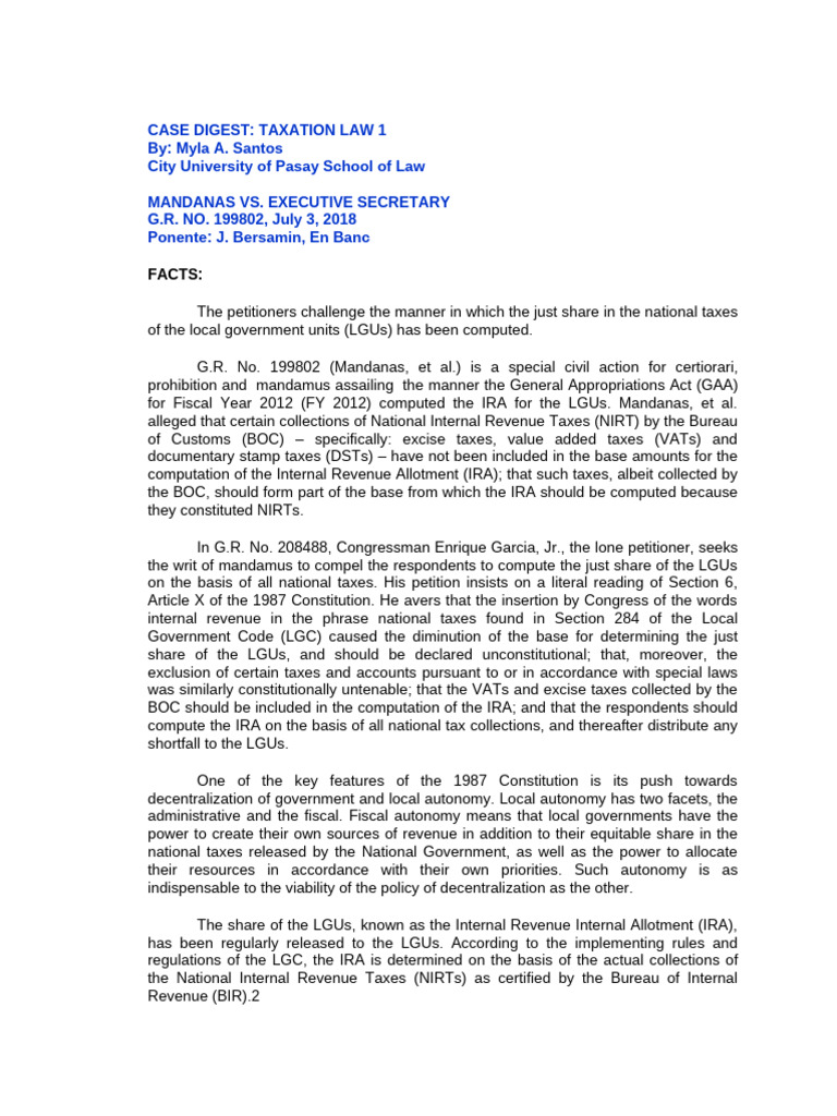 Mandanas Case: LGU Tax Share Ruling | PDF | Taxes | Internal Revenue ...