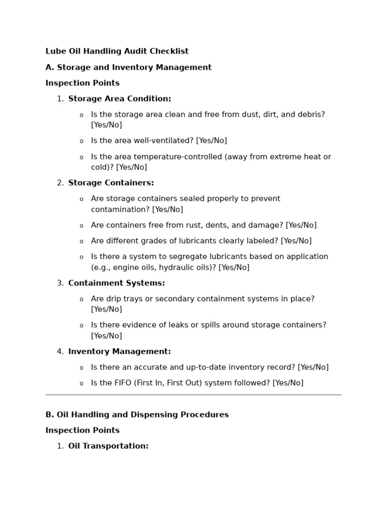 Lube Oil Handling Audit Checklist | PDF | Lubricant | Waste