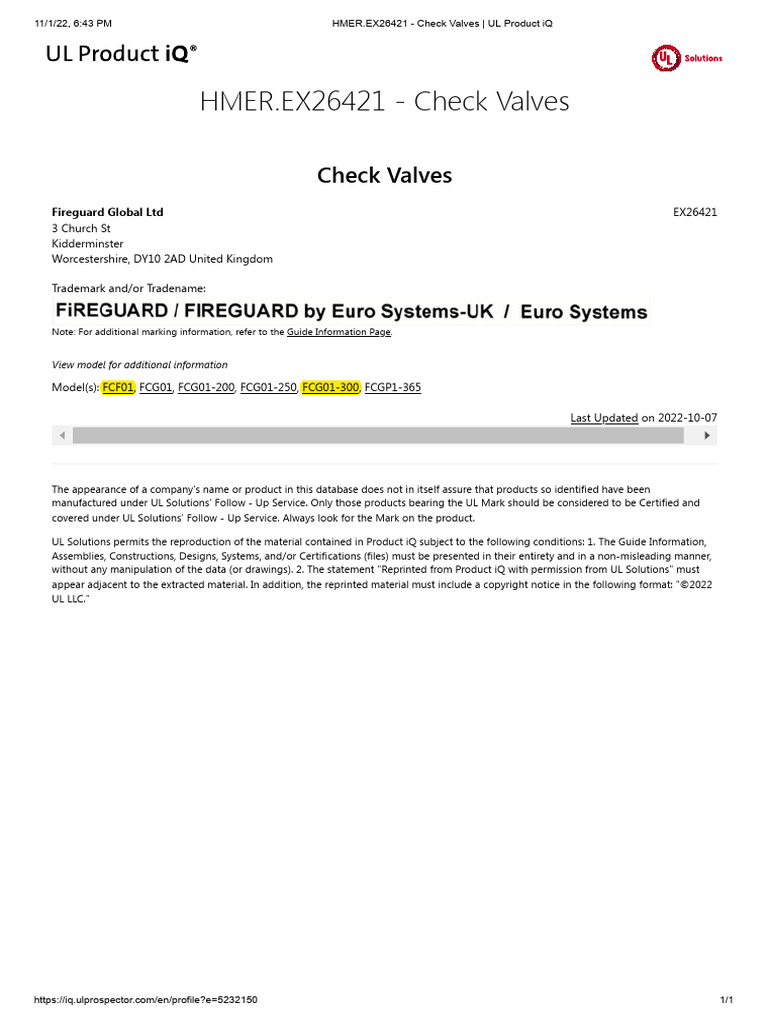 UL Check Valves Certification Details | PDF
