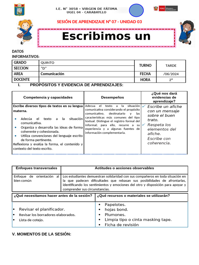 SESIÓN de APRENDIZAJE Comunicación Escribimos Un Afiche Parte 2 UNIDAD 3 | PDF | Aprendizaje