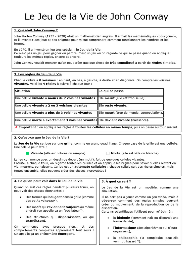 Introduction au Jeu de la Vie de Conway | PDF