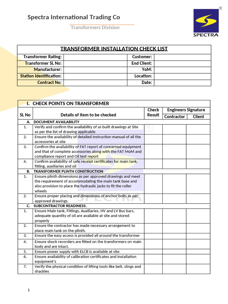 Installation Check List Format-Draft | PDF | Transformer | Equipment