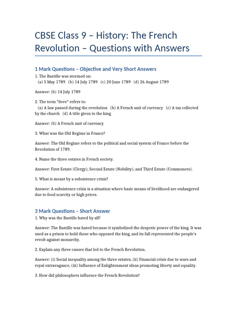 French Revolution Questions With Answers by Marks | PDF | French ...