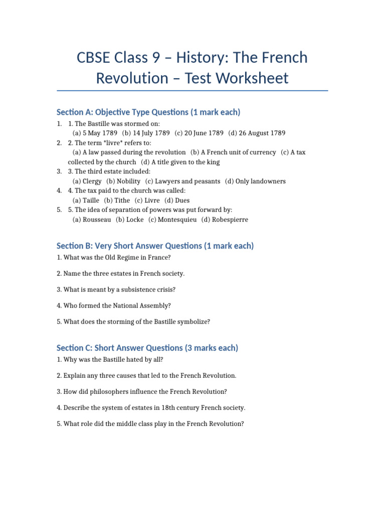 French Revolution Class9 Test Worksheet With Answers | PDF | French ...