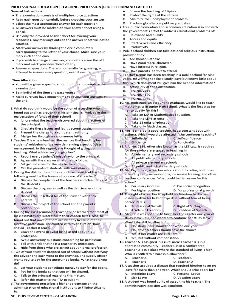 Teaching Profession Exam Instructions | PDF | Teachers | Secondary ...