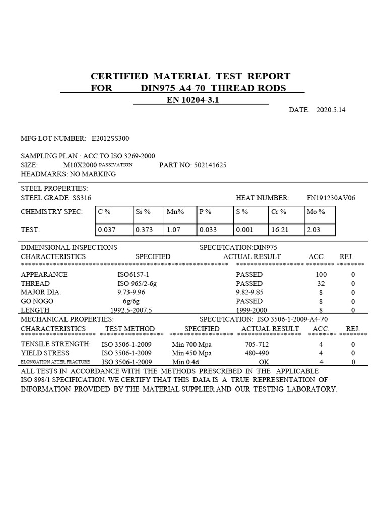 Certified Material Test Report For Din975-A4-70 Thread Rods | PDF