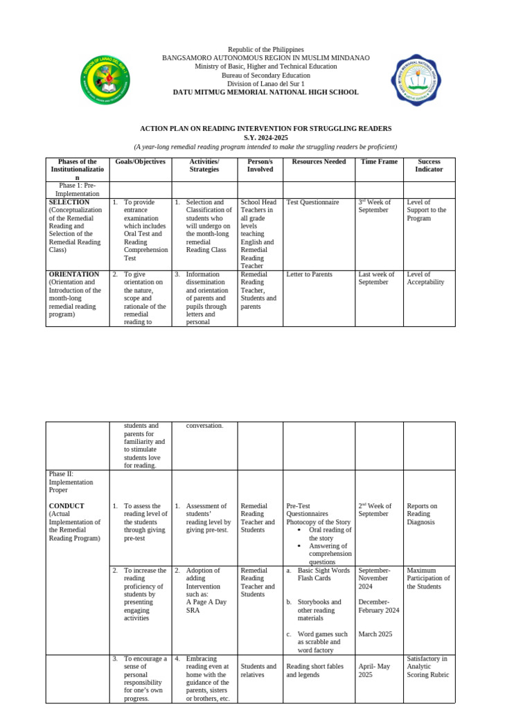 Reading Intervention Action Plan 2024-2025 | PDF | Reading ...