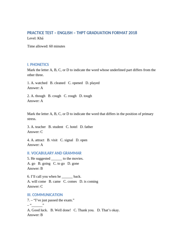 English Practice Test for THPT 2018 | PDF