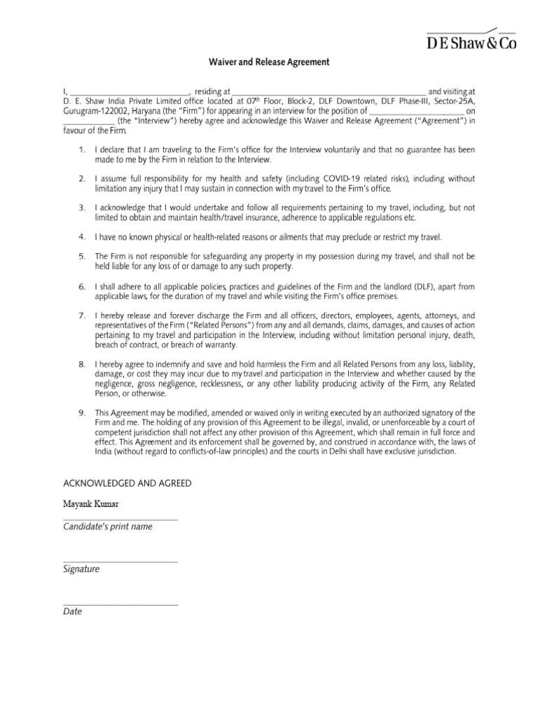 Waiver Agreement For In-House Candidates - Gurugram | PDF