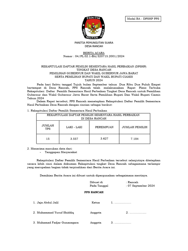 Berita Acara Rekap Perubahan DPSHP 05092024-2019 | PDF