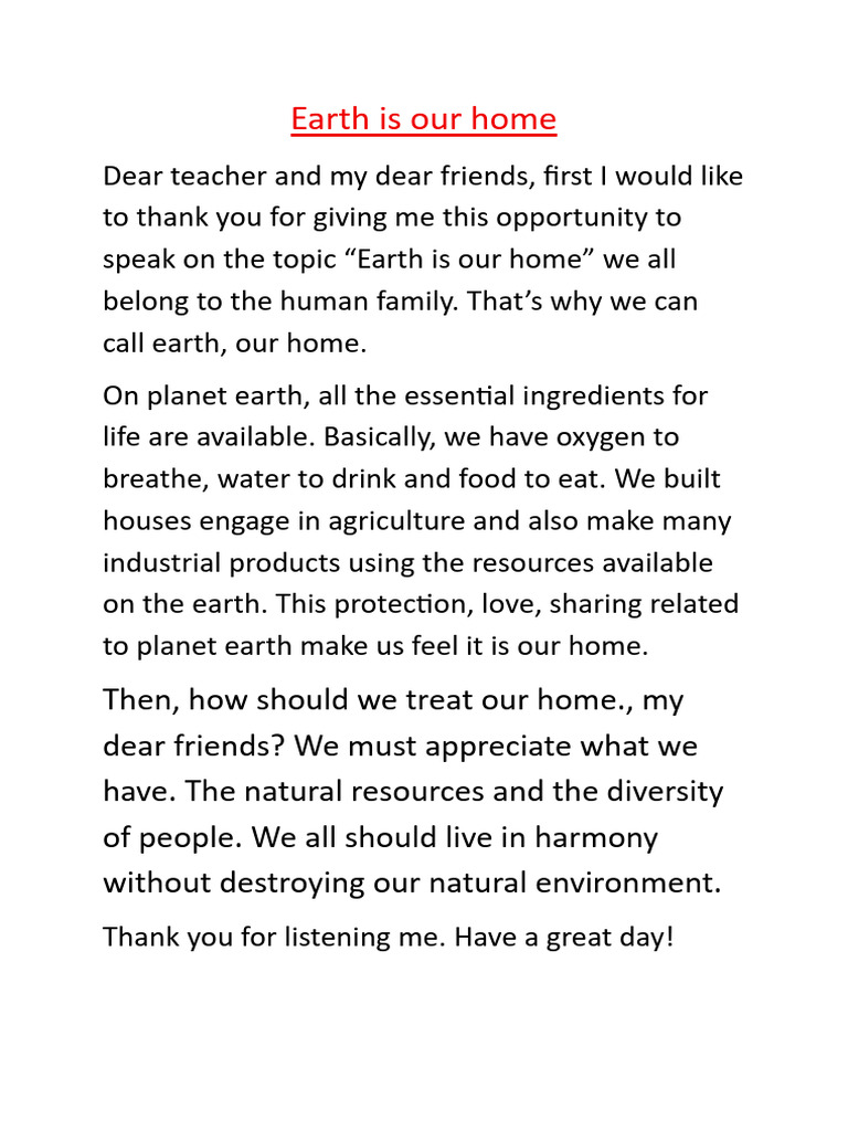 Speech - Grade 9 - Earth Is Our Home | PDF