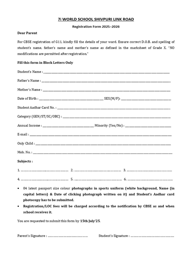 CBSE Registration Form 2025 26 | PDF