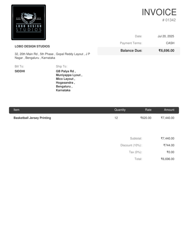 Invoice for Basketball Jersey Printing | PDF
