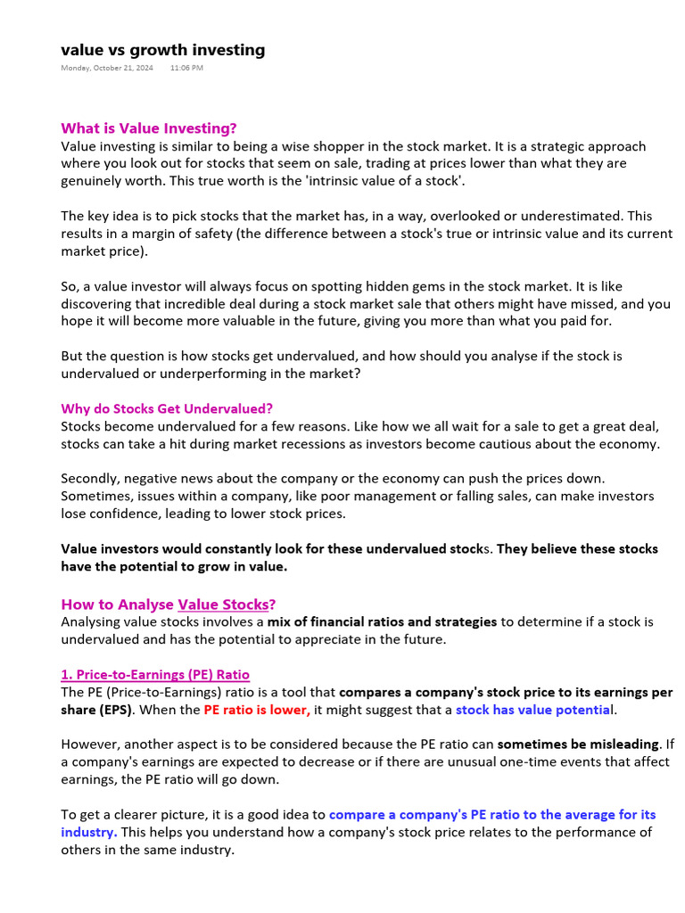 Value Vs Growth Investing | PDF | Investing | Price–Earnings Ratio