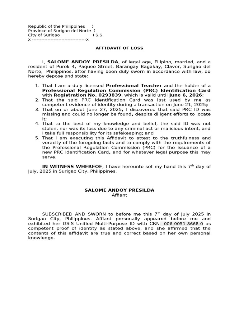 Affidavit of Loss for PRC ID | PDF