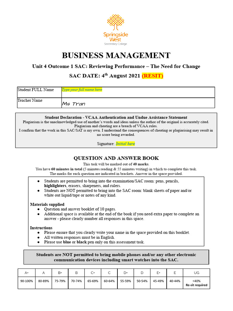 VCE Business Management - Unit 4 - Outcome 1 - Reviewing Performance ...