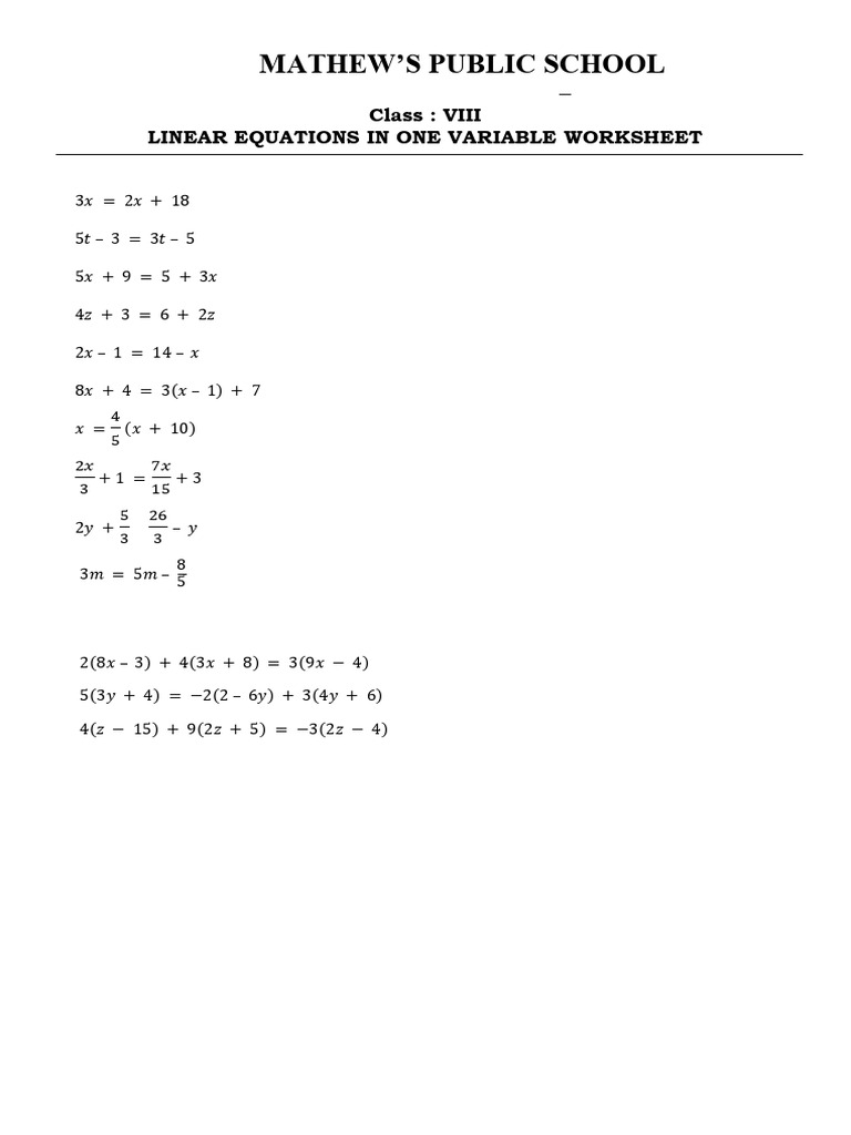 Class VIII Linear Equations in One Variable Worksheet - 1 | PDF