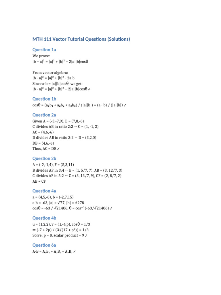 MTH111 Vector Solutions | PDF | Geometry | Abstract Algebra