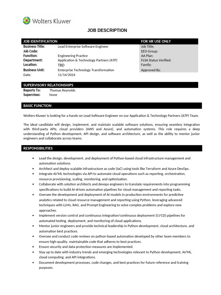 JD - ETT - Lead Enterprise Software Engineer | PDF | Cloud Computing | Microsoft Azure