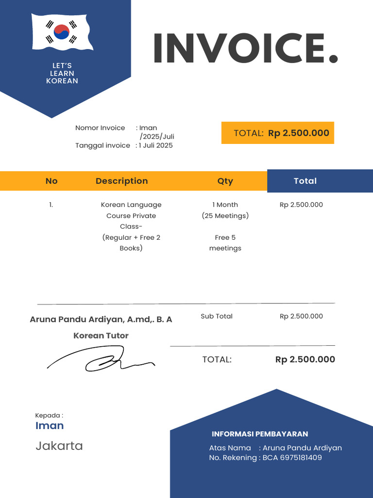 Korean Course Invoice for Iman | PDF