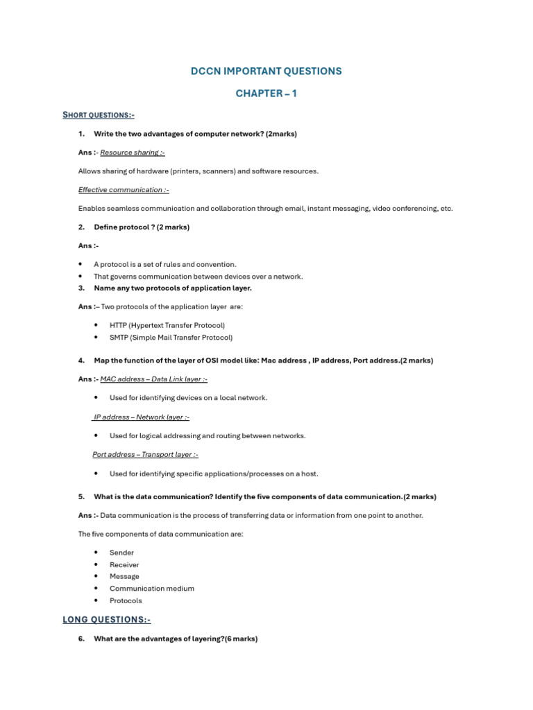DCCN Imp Questions Chapter 1 | PDF | Computer Network | Osi Model