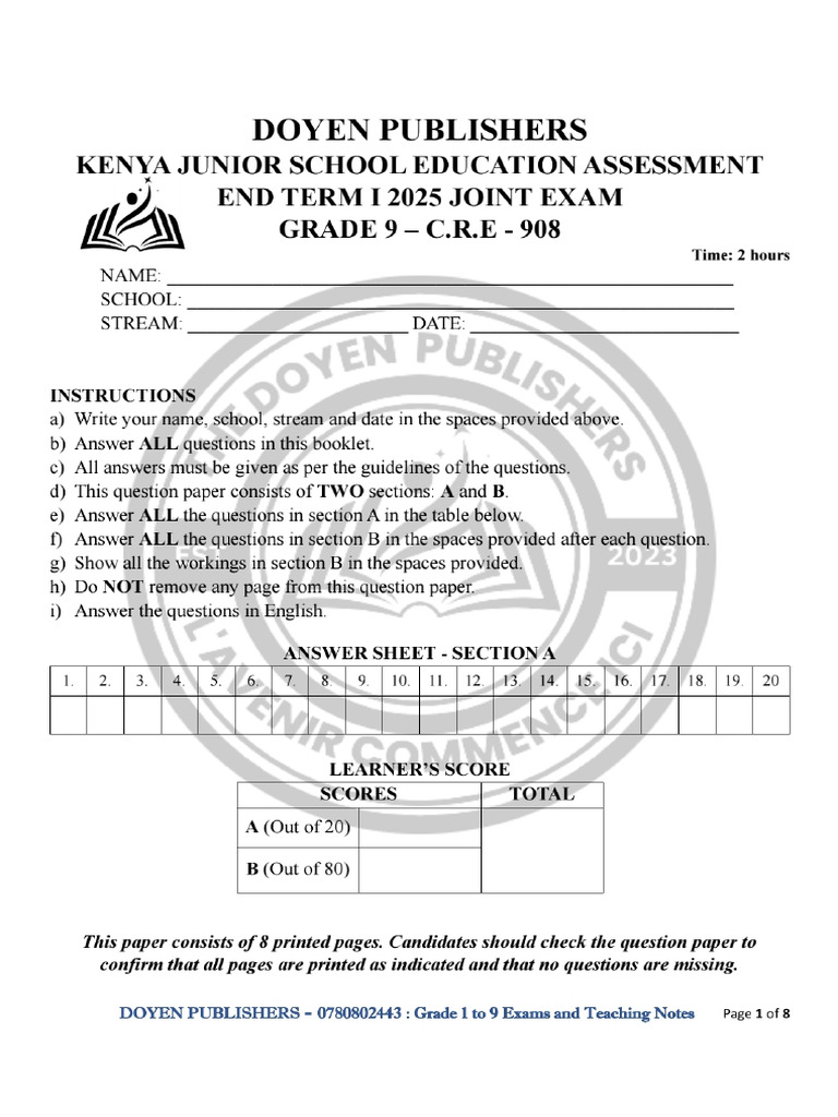 Grade 9 Cre End Term 1 2025 Exam | PDF