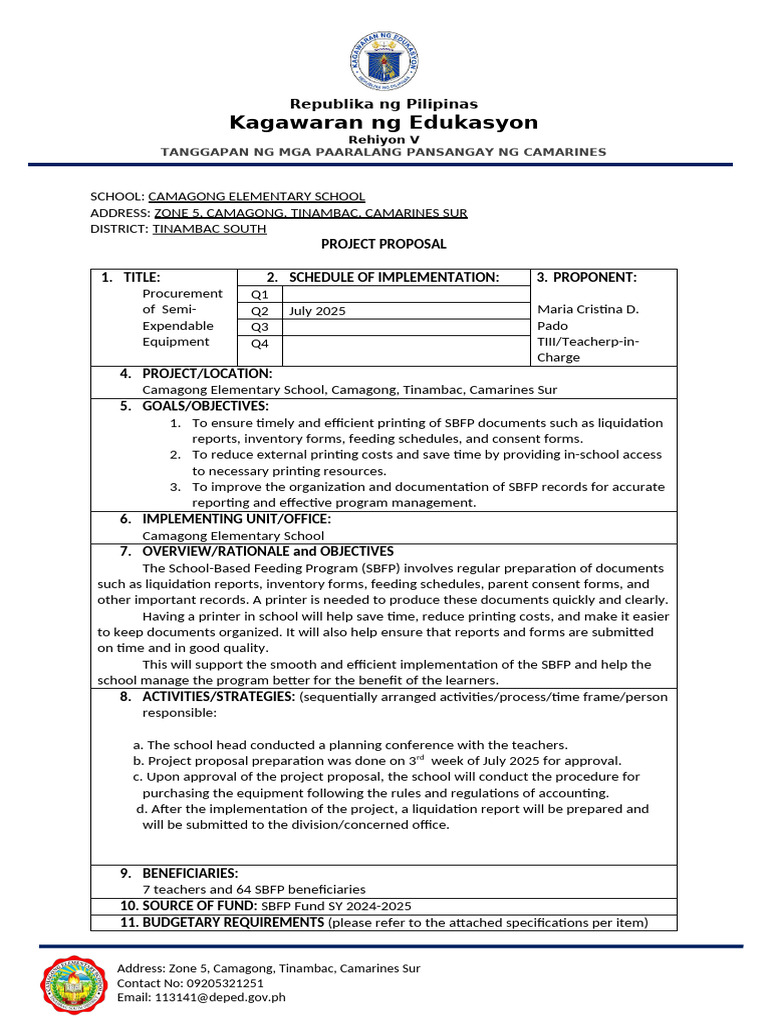 Project Proposal Semi Expendable SBFP Storage Box | PDF