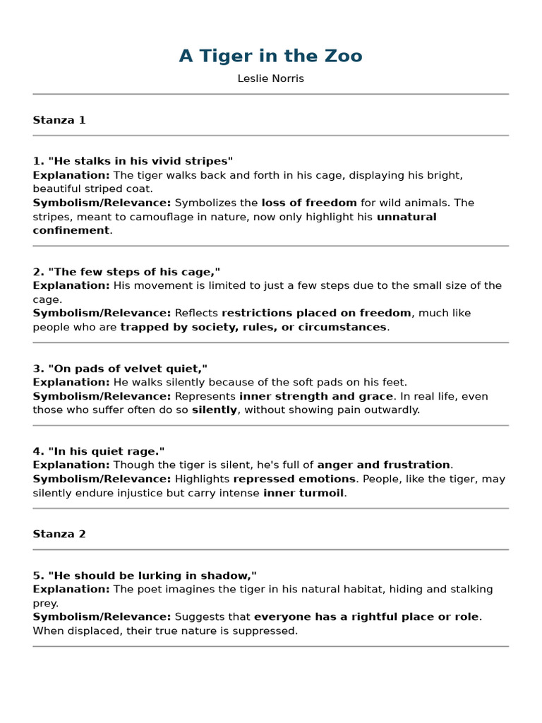 Analysis of "A Tiger in the Zoo" | PDF | Tiger | Zoology