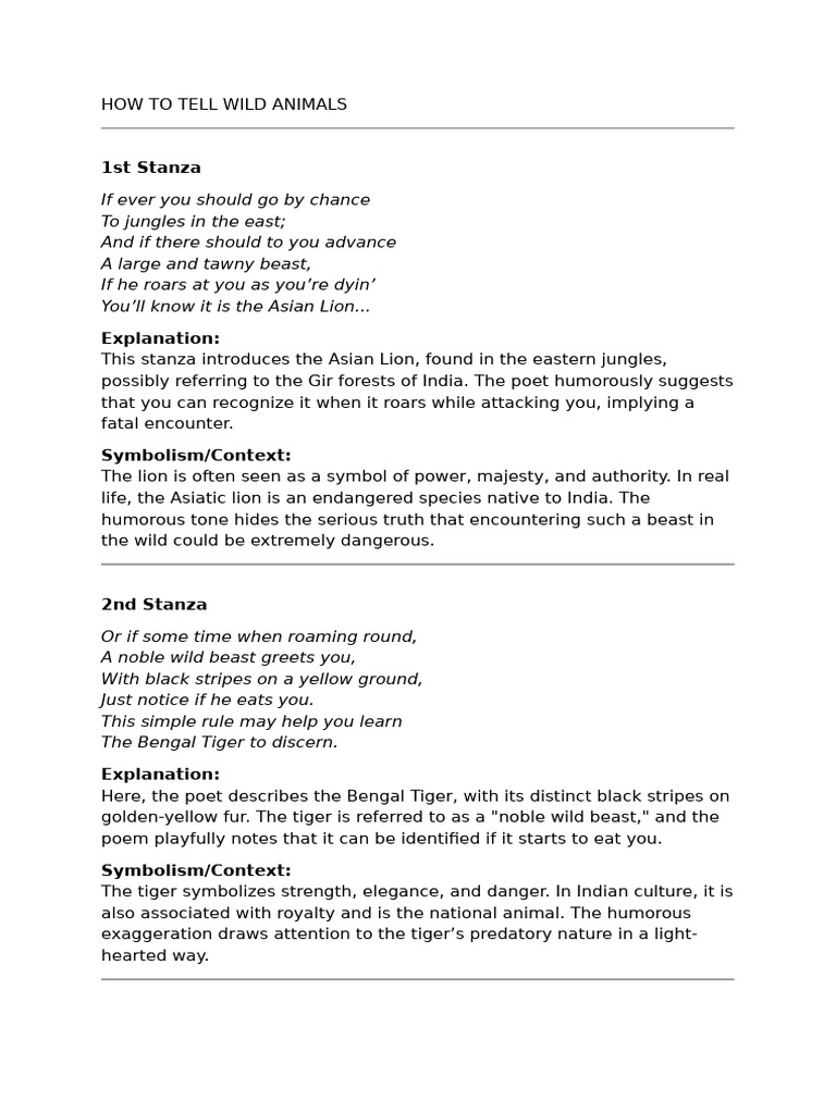 Summary of "How to Tell Wild Animals" | PDF | Tiger | Lion