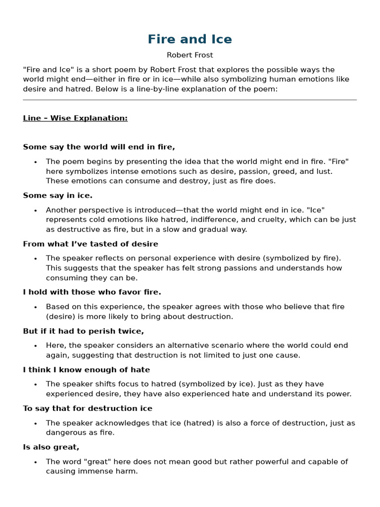 Fire and Ice - Explanation + Summary | PDF | Hatred | Emotions