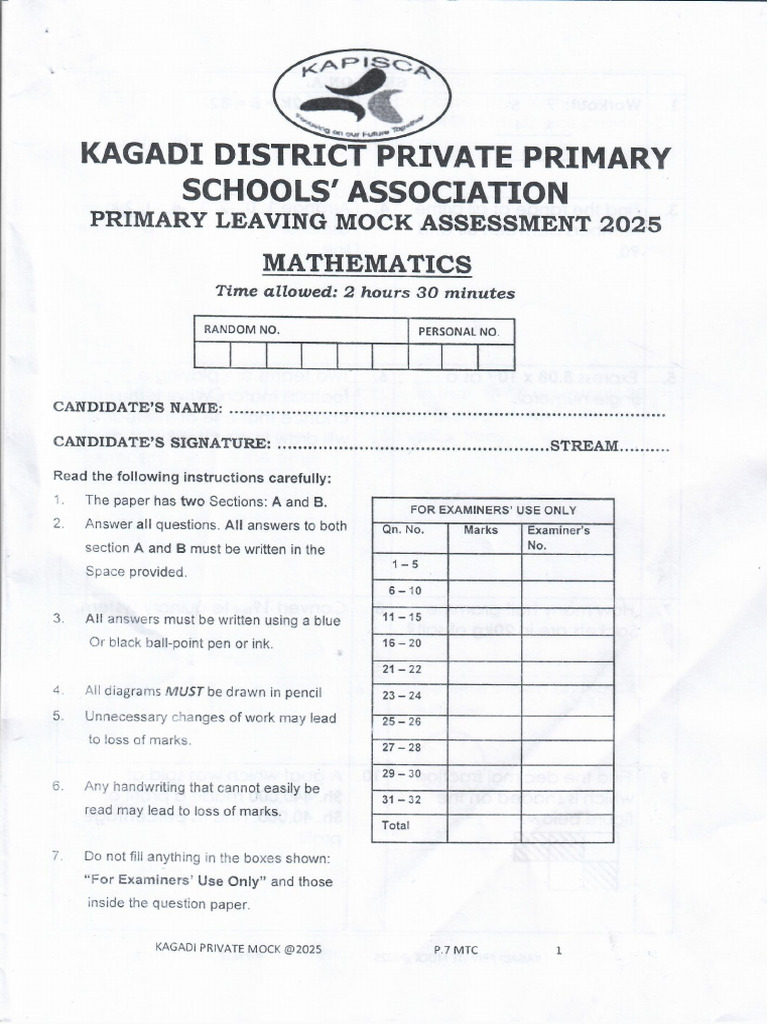 MTC Kagadi Private Mock 2025 | PDF