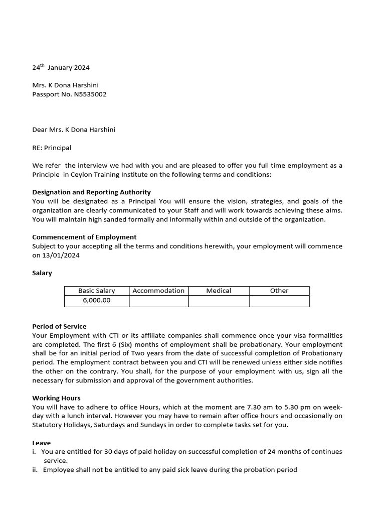 Letter of Appointment - Madam Dona | PDF | Employment | Sick Leave