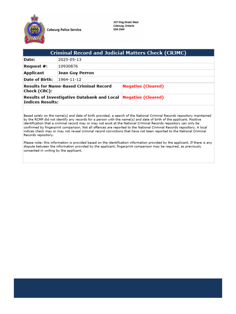Criminal Record Check Results for Jean Perron | PDF