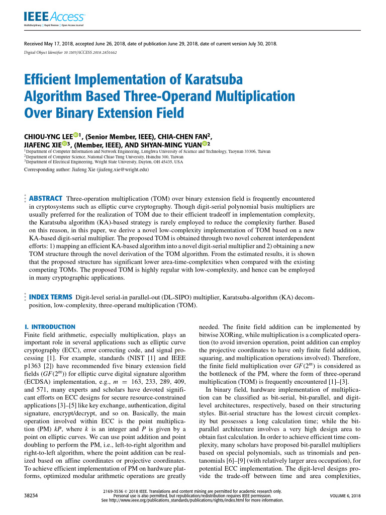 2018 Efficient Implementation of Karatsuba Algorithm Based Three-Operand Multiplication Over ...