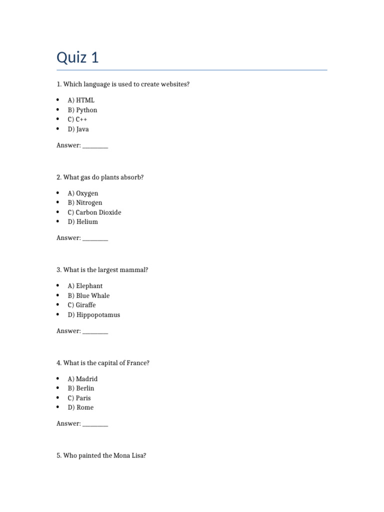 General Knowledge Quiz Questions | PDF