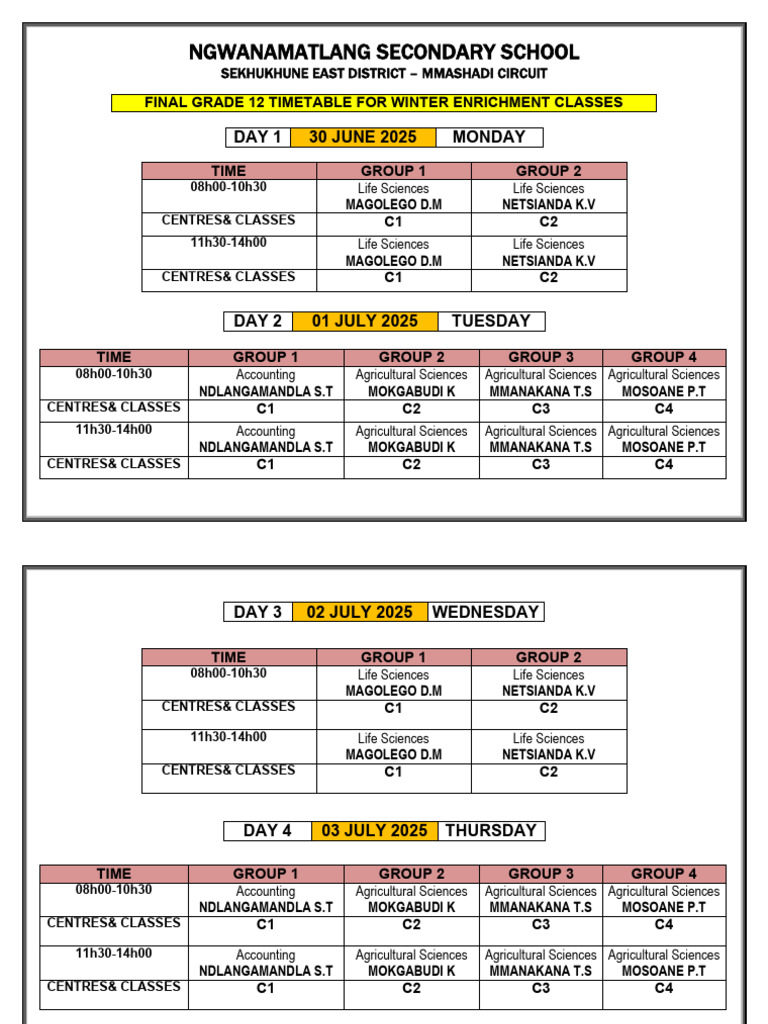 Ngwanamatlang School Winter Timetable | PDF