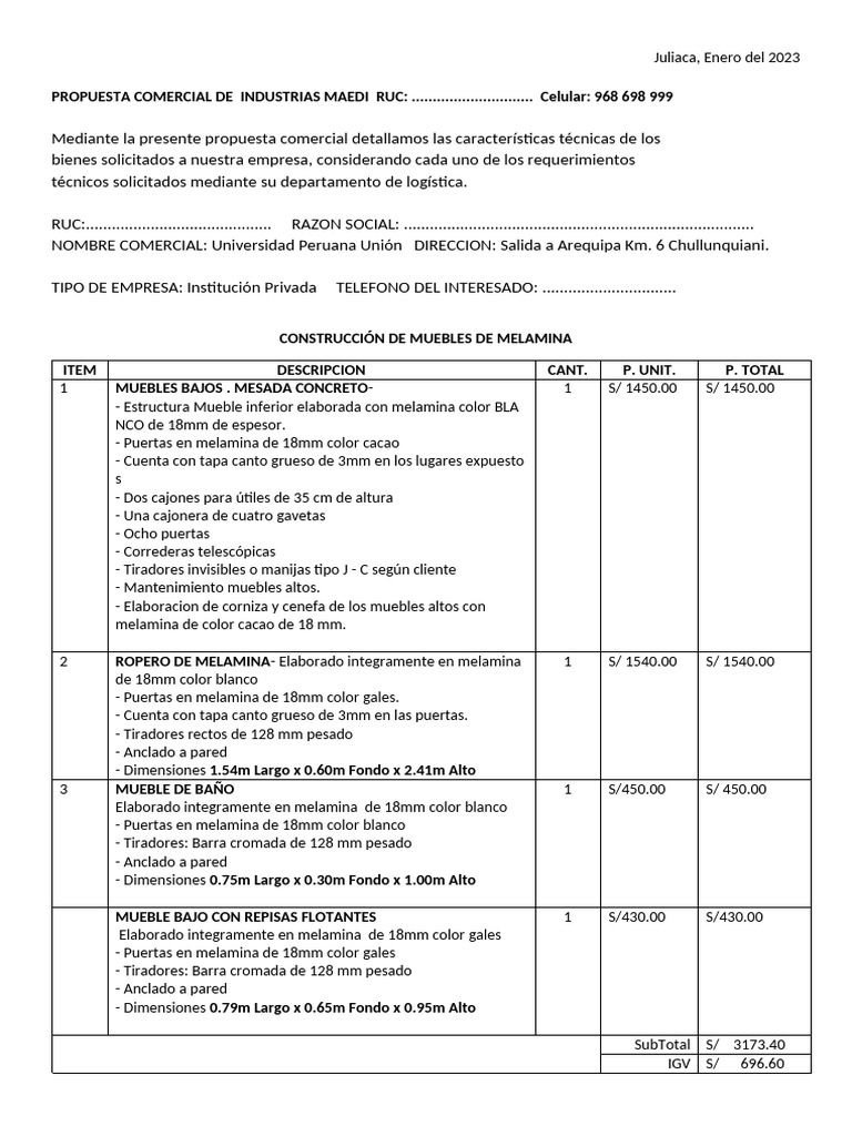 Propuesta Comercial Muebles Maedi | PDF