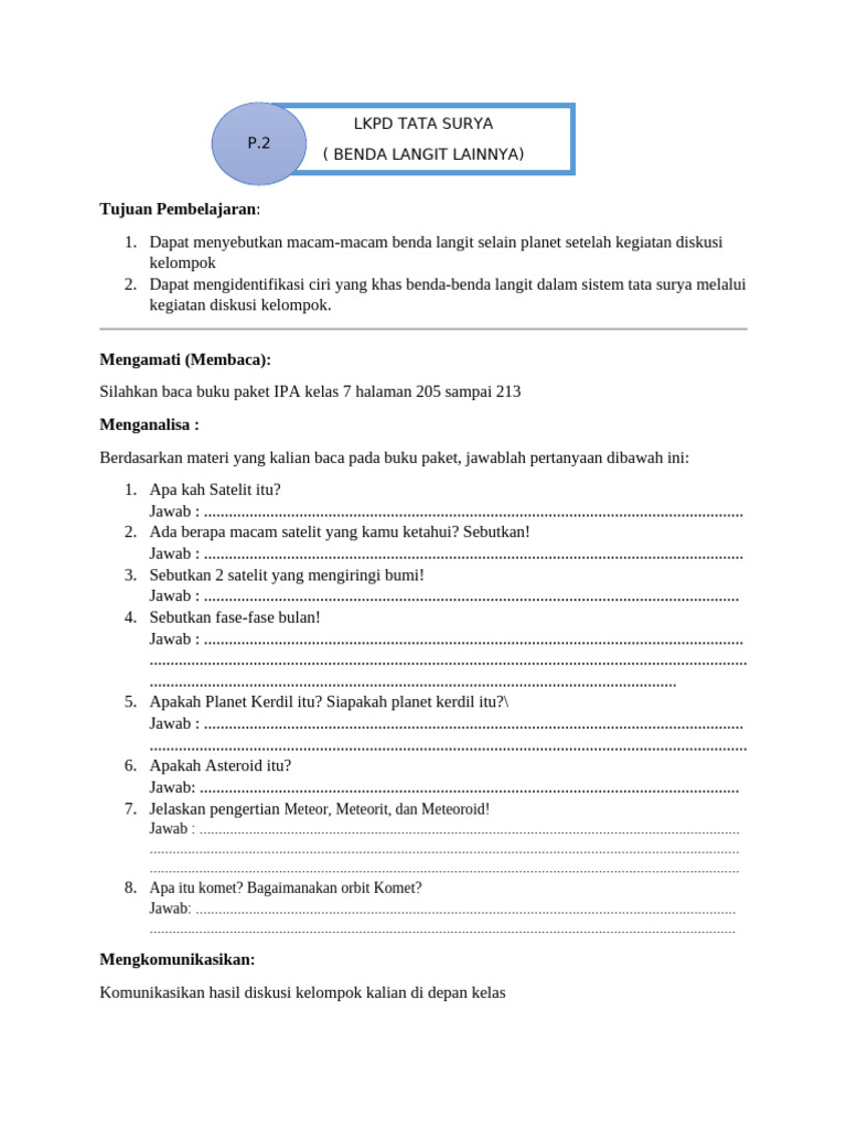 LKPD Tentang Benda Benda Langit 2 | PDF