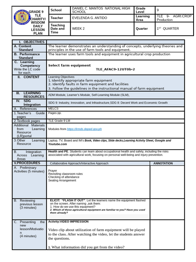 DLLTLE9Q1W2FARMEQUIPMENT | PDF | Learning | Education Theory