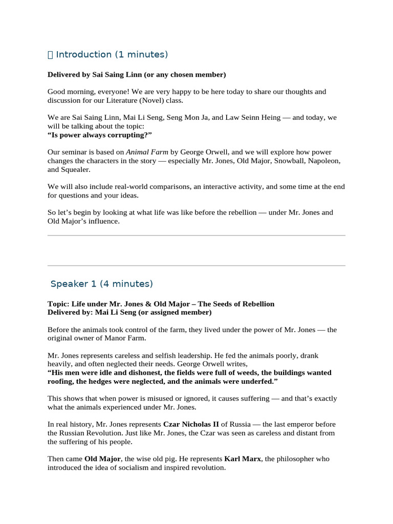 Animal Farm - Saminar Script | PDF