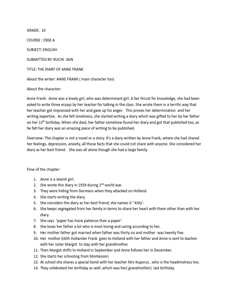 From The Diary of Anne Frank - Short Notes English | PDF | Anne Frank