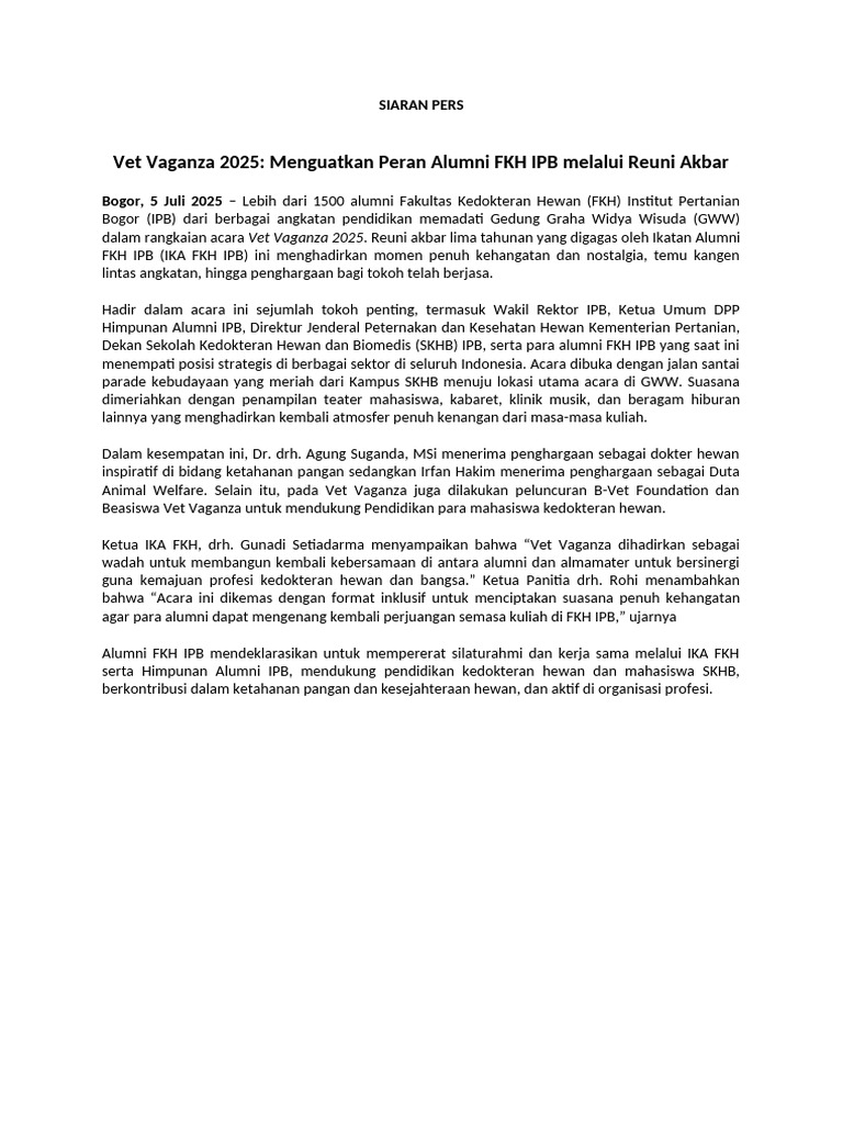 Reuni Akbar Alumni FKH IPB 2025 | PDF