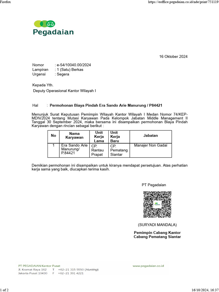 Surat E-Office Pindah | PDF