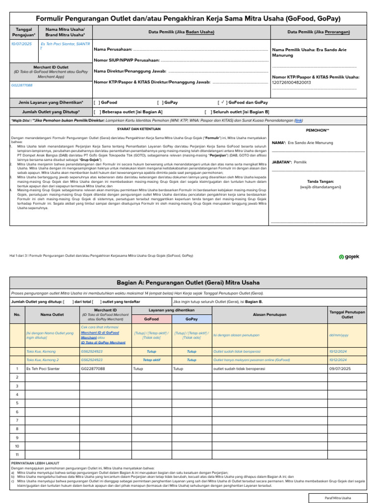 Formulir Pengurangan Outlet Dan-Atau Pengakhiran Kerjasama GoFood-GoPay (Ver 04.2025) | PDF